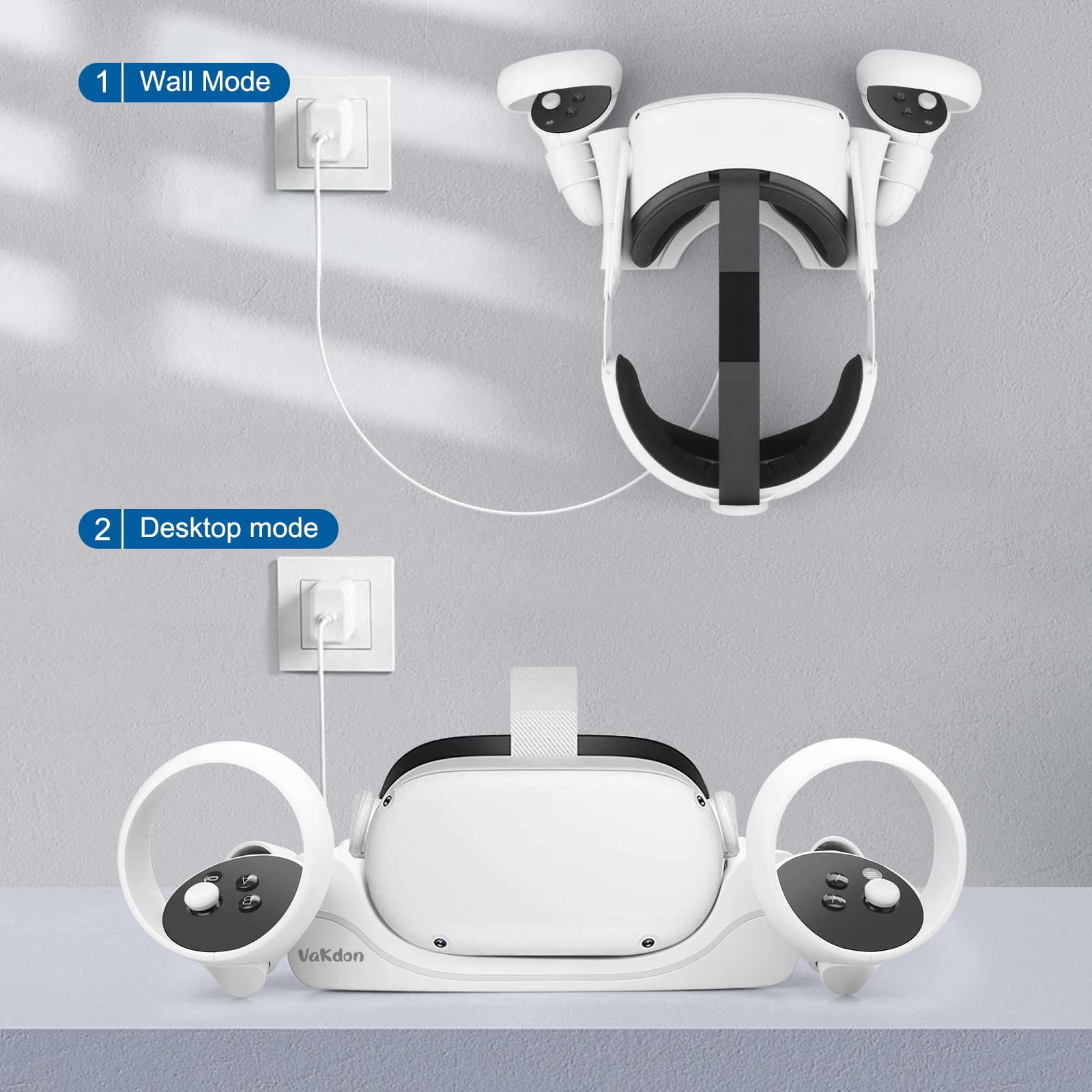 Vakdon Charging Dock Compatible with Oculus/Meta Quest 2, VR Headset Wall Mount Charging Station, High Speed Charging Stand for Quest 2 with Charging Port and LED Indicator, USB-C Link Cable (White)