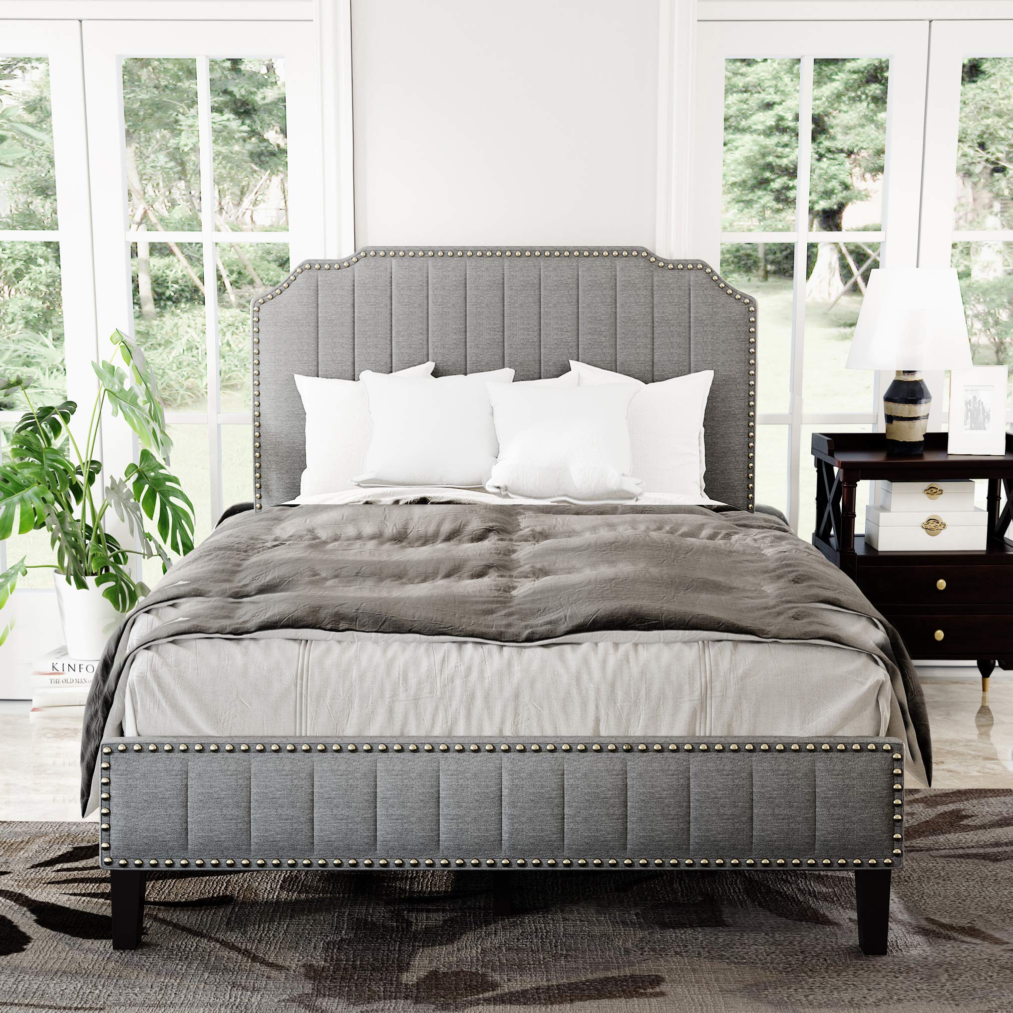 Tmosi Queen Size Upholstered Platform Bed Frames with Headboard, Modern Linen Curved Bedroom Furniture with Wood Slat Support, No Box Spring Needed (Grey)