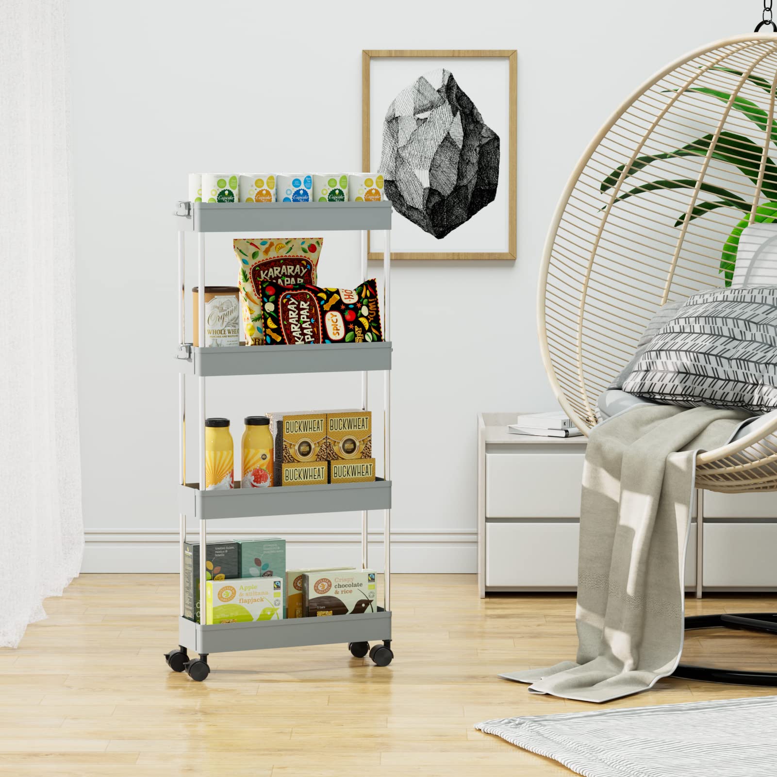 OTK Slim Storage Cart 4 Tier Mobile Shelving Unit Organizer, Utility Rolling Shelf Cart with Wheels for Bathroom Kitchen Bedroom Office Laundry Narrow Places,Grey