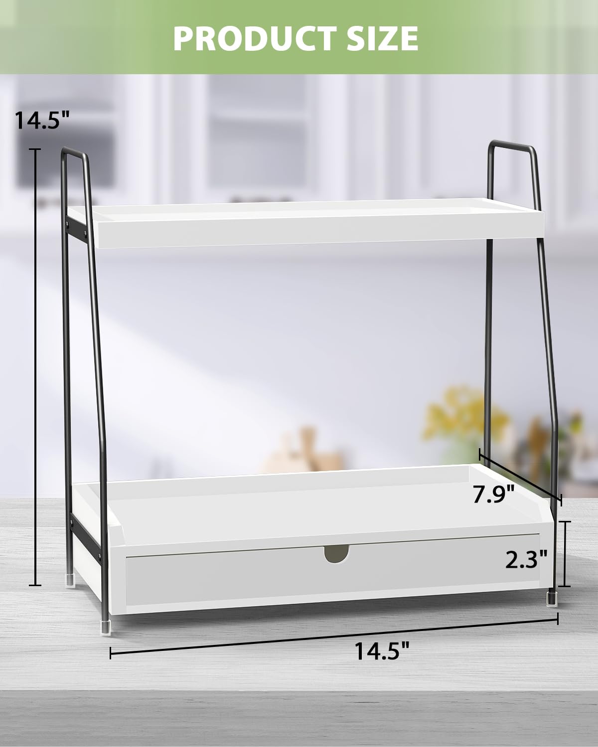 MONVANE 2-Tier Bathroom Organizer Countertop - Solid Wood Bathroom Counter Organizer with Drawer, Simple Standing Vanity Tray for Bathroom Organization and Bathroom Storage (White and Black)
