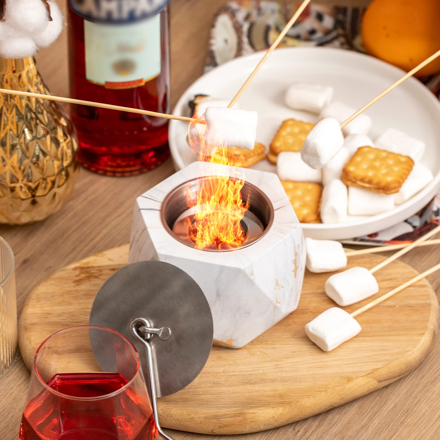 NALONE Tabletop Fire Pit Bowl, Table Top Firepit Indoor Outdoor, Portable Mini Fire Pit with Stainless Steel Burn Cups & Extinguisher, Personal Fireplace for Parties and Gifts (White-Hexagonal)