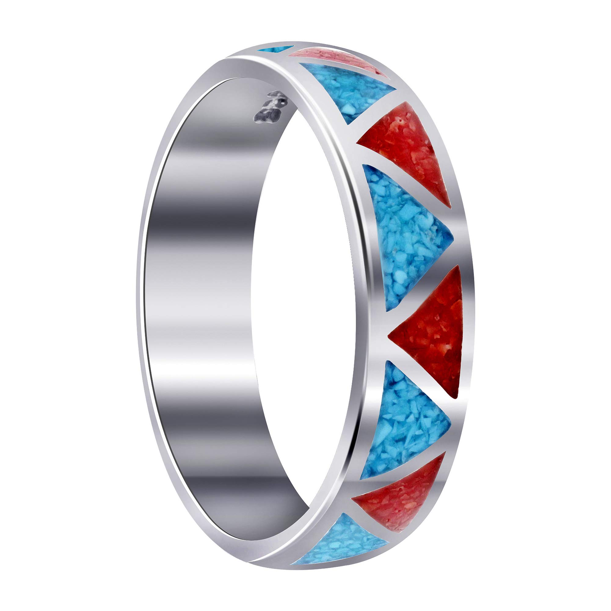 Southwestern Style Turquoise and Coral Gemstone 6mm Wedding Band 925 Sterling Silver Unisex Ring for Women Size 14.5