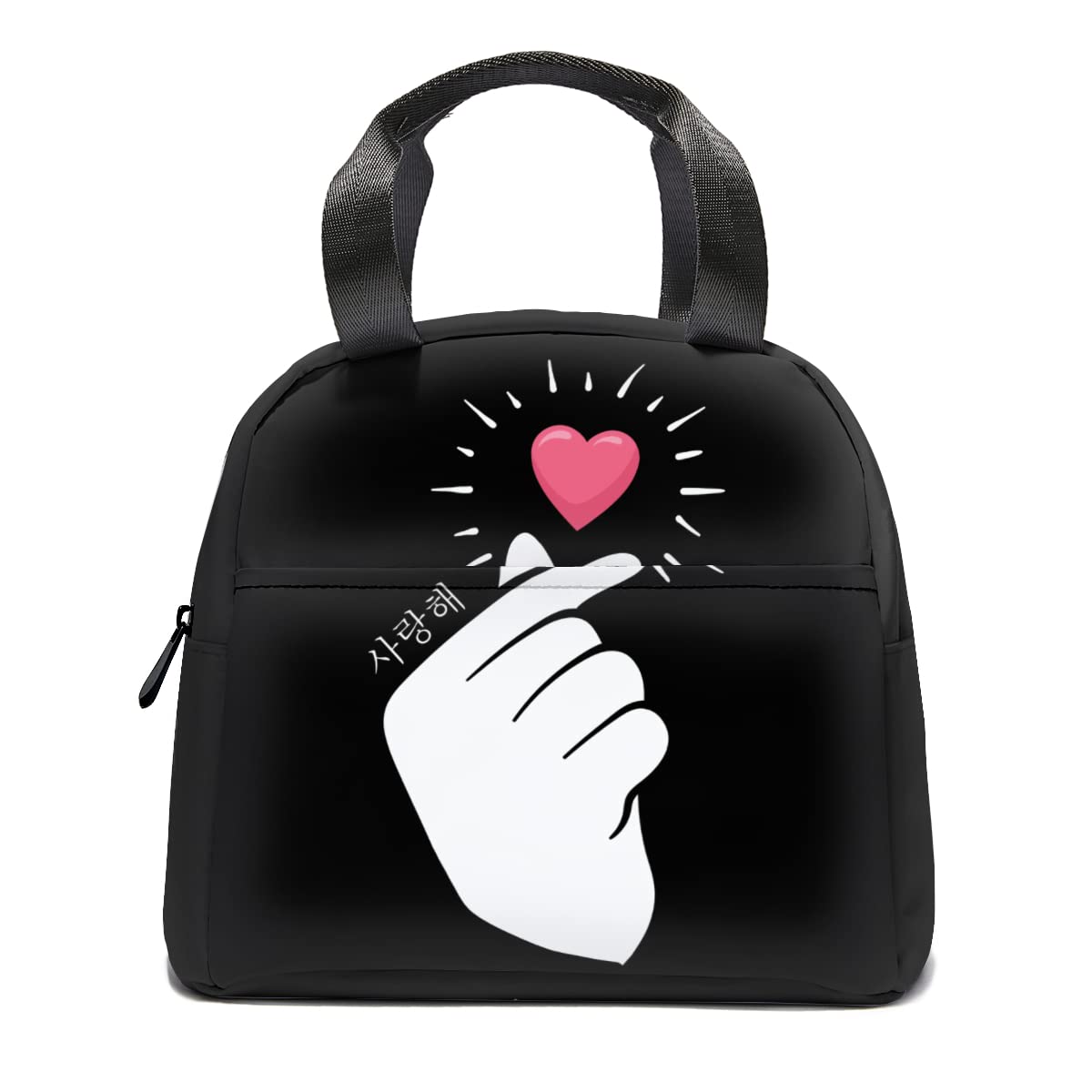 Vderxcok K-Pop Finger Heart Insulated Lunch Box Portable Thermal Cooler Tote Bag with Front Pocket Reusable Leakproof Lunch Bags for Women Men Girls Adults Work Hiking Picnic Travel
