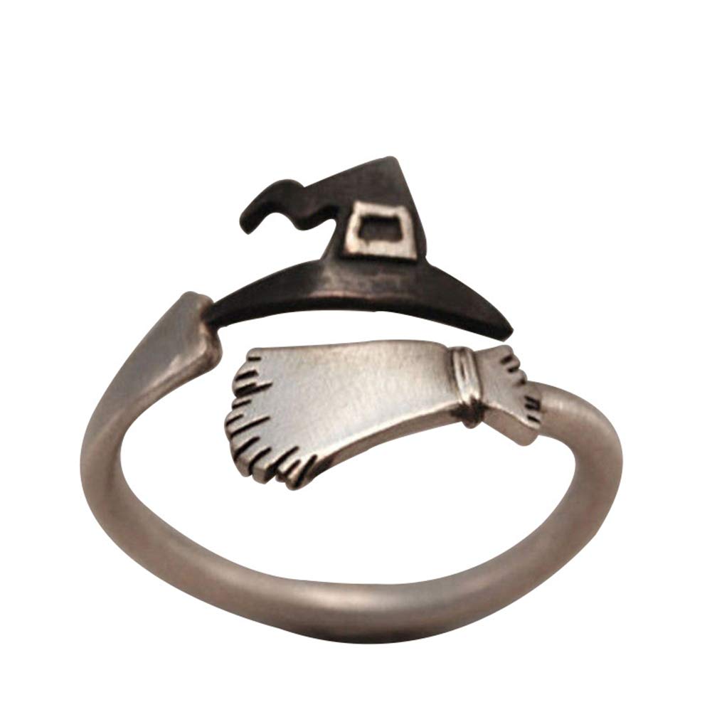 shiYsRL Exquisite Jewelry Ring Love Rings Cute Women Halloween Witch Hat Broom Open Finger Ring Adjustable Jewelry Gift Wedding Band Best Gifts for Love with Valentine's Day - Silver US 10