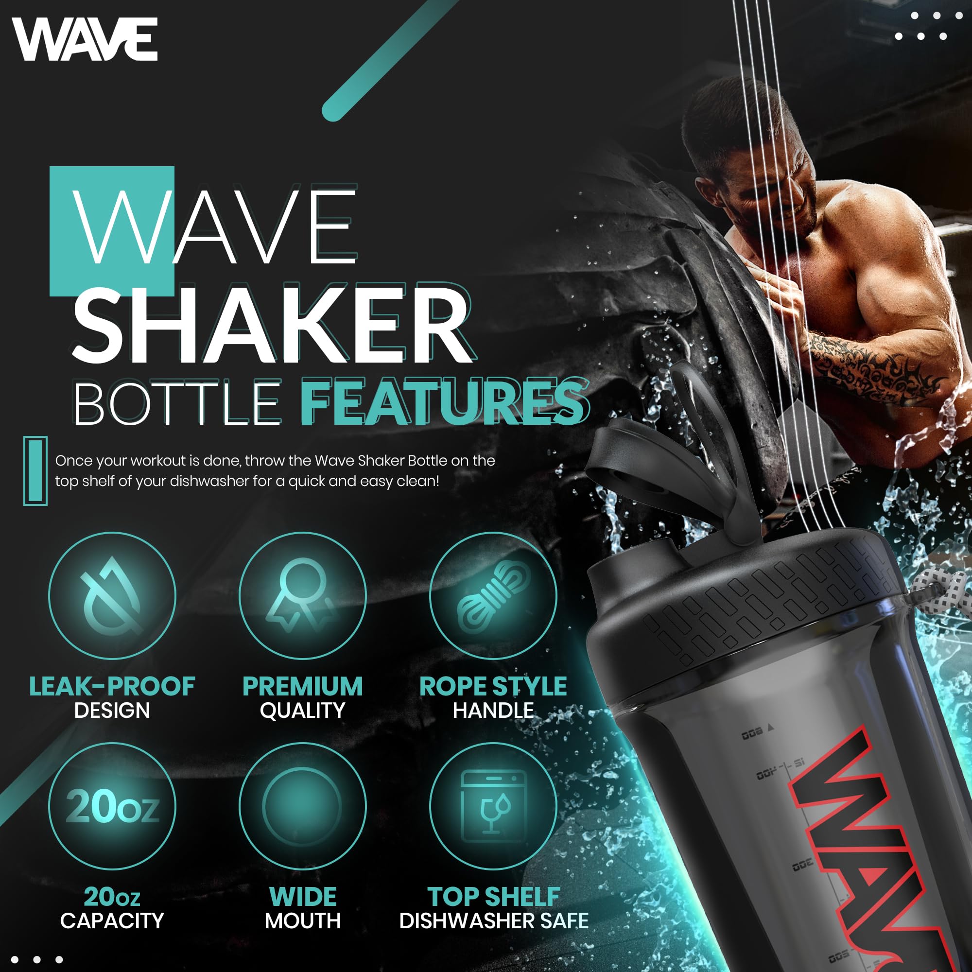 Wave Shaker Bottle 20oz | No Blender Ball Needed | Great For Pre Workout, Protein Shakes, and Cocktails | BPA Free | Rope Handle