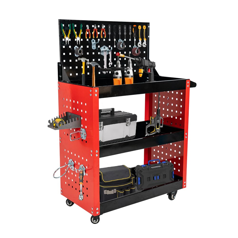 Yeeoy 3 Tier Rolling Tool Cart, Heavy Duty Mechanic Tool Storage Cart with Hooks & Wheels, 660lbs Load Capacity Tool Organizer Side Pegboard kit for Garage Warehouse Repair Shop