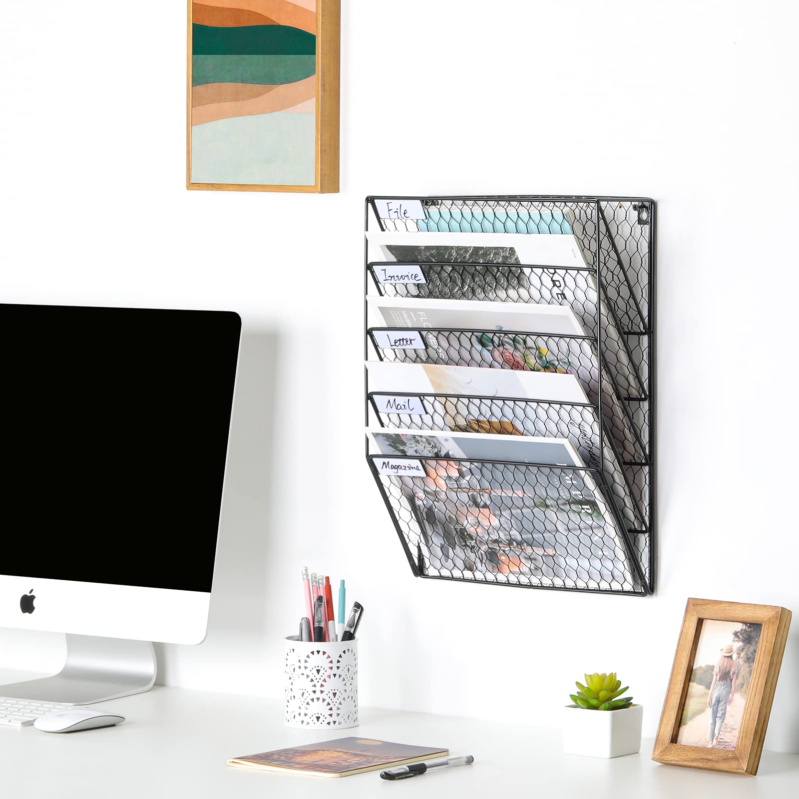 PAG Hanging Wall File Holder Office Wall Organizer Mail Sorter Metal Chicken Wire Literature Rack, 3-Tier, Black