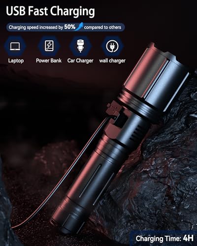 Rechargeable Flashlights High Lumens Flash Light, 250000 Lumen Super Bright LED Flashlight, 5 Modes, 5000 ɱAh, Digital Power Display, IPX6 Waterproof Handheld Flashlight for Emergencies, Camping