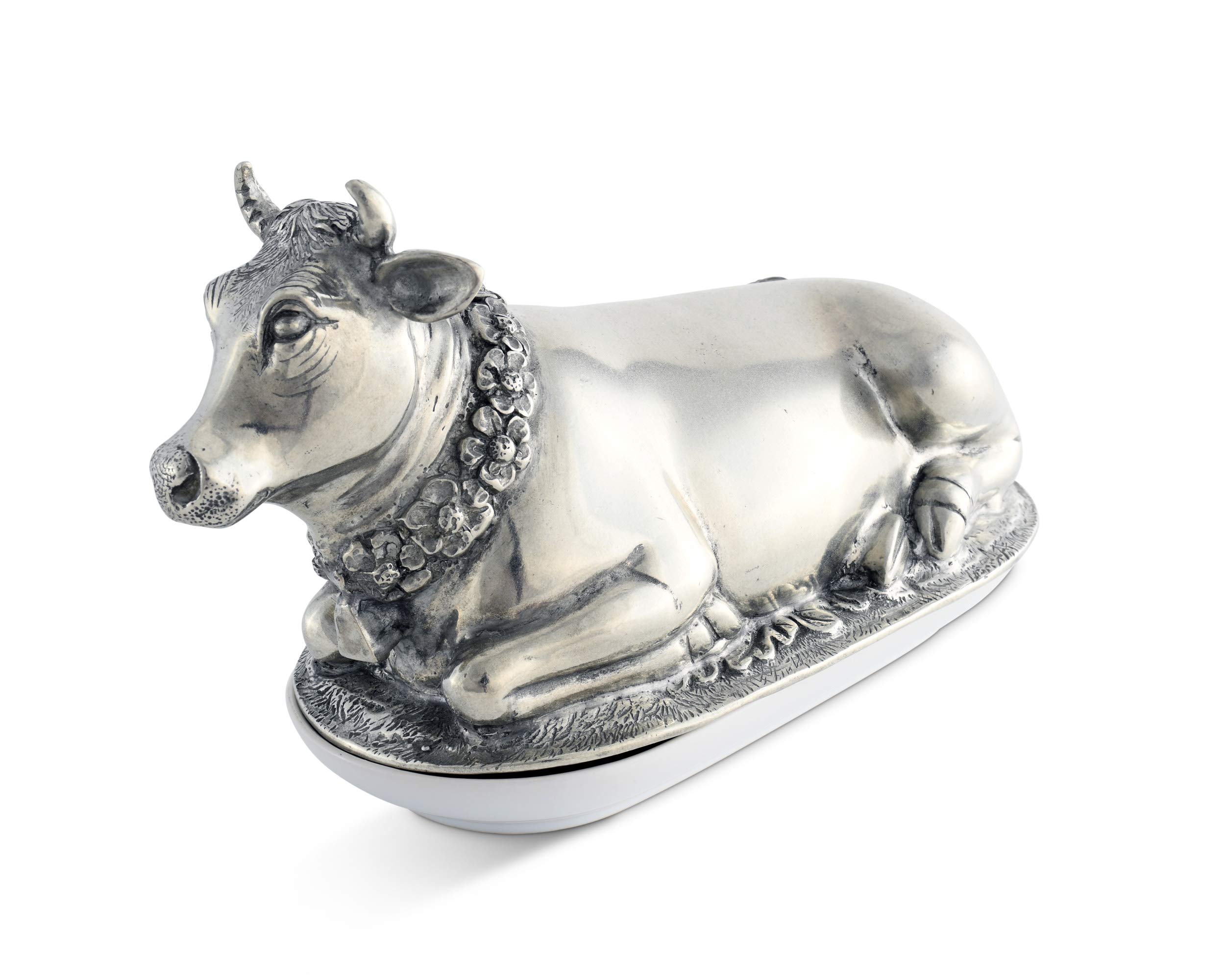 Vagabond House Pewter Metal Mabel the Cow Covered Butter Cream Cheese Dish Container Keeper Heirloom Quality with Stoneware Tray Base 8.5 inch Long