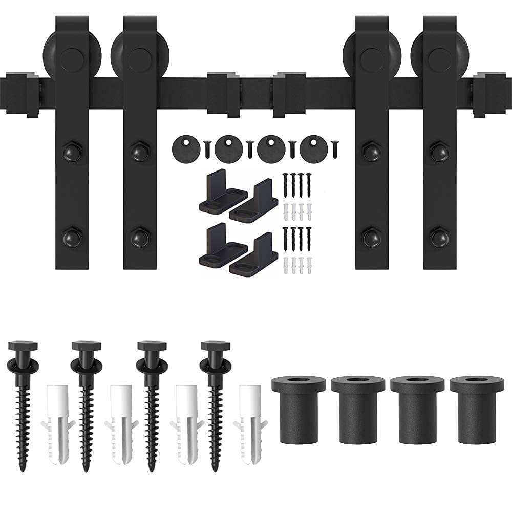 WINSOON 5FT Sliding Barn Wood Door Hardware Cabinet Closet Kit with Set of 2 Pcs Black Painted Solid Steel Gate Handle Kit