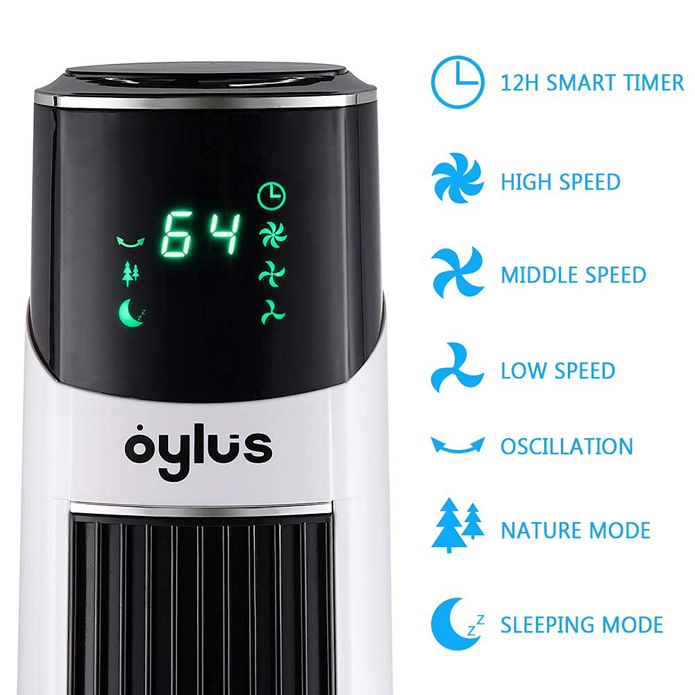 OYLUS 48’’ Tower Fan Portable With Remote Control Oscillating Quiet, 3 Speed Settings Nature & Sleeping Mode 12H Timer for Rooms, Office, White