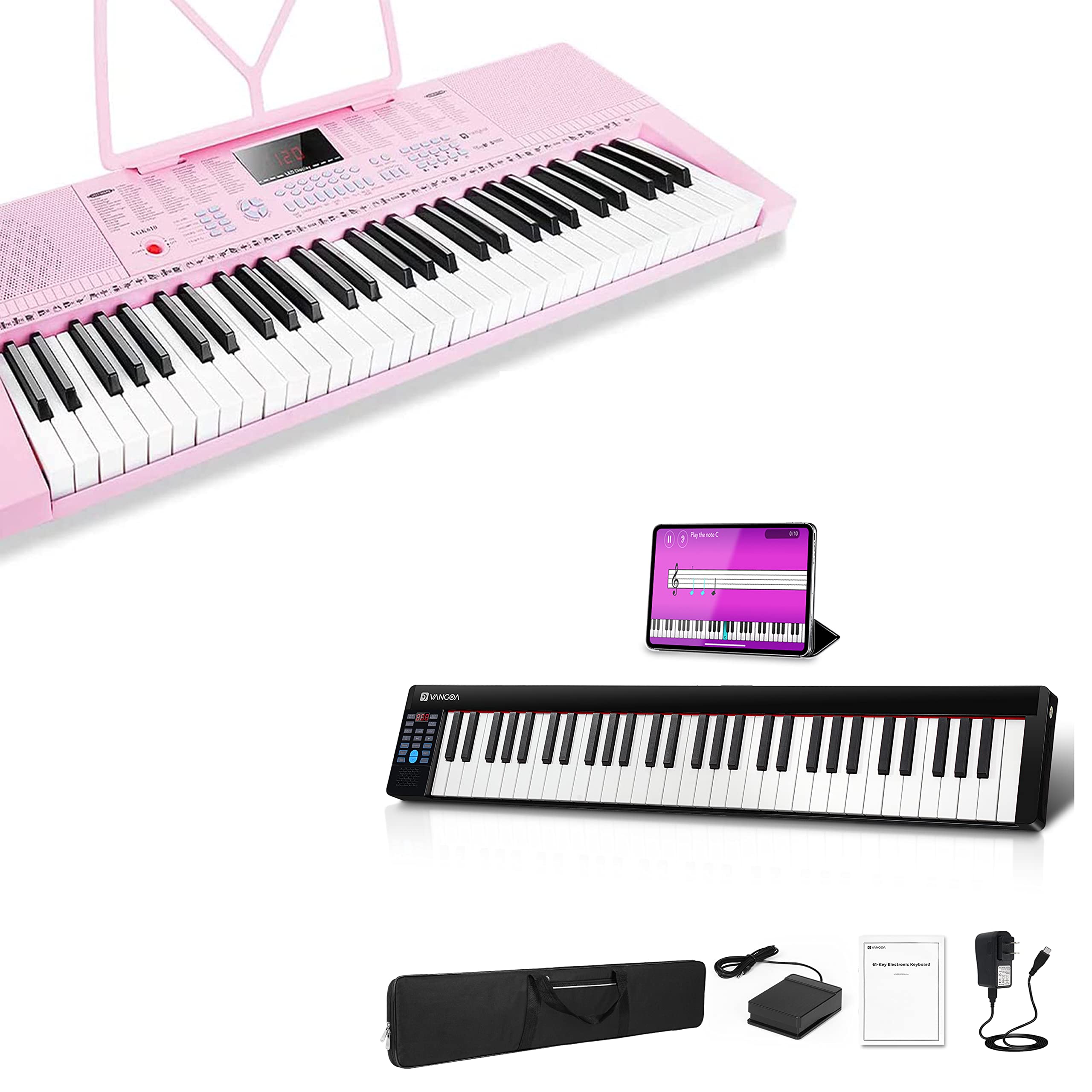 Vangoa Lovely Pink Piano for Kids Gift and 61 Key Keyboard Piano Black