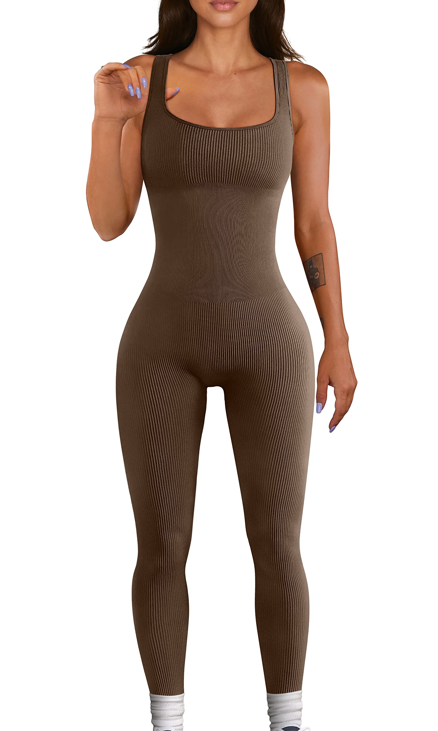OQQ Women's Yoga Ribbed One Piece Tank Tops Rompers Sleeveless Exercise Jumpsuits Coffee