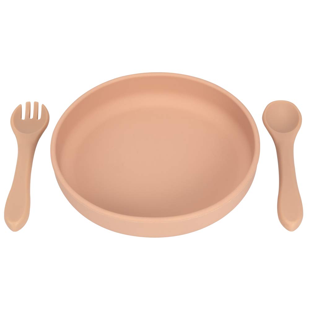 TOPGOMES Silicone Suction Plate, Comes with Soft Spoon Fork | Stay Put Baby Feeding Dishes for Kids and Infants | BPA Free, 100% Food-Grade Silicone, Non-Slip Design (Ether)