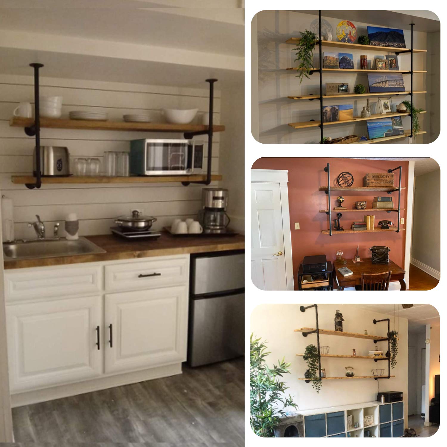 REYADE Industrial Iron Pipe Shelf (2PCS, 40" Tall), 4 Tier Wall Mount Shelf Bracket, Vintage Floating Shelving Unit, Open Bookshelf, DIY Storage Display Rack for Home Kitchen Office (No Board Include)