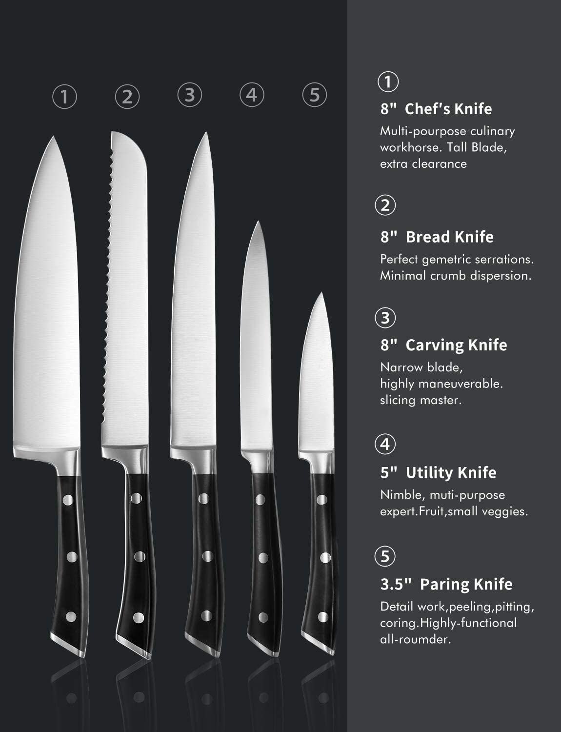 ZZWW Kitchen Knife Set, Professional 6 Piece Knife Set with Wooden Block Germany High Carbon Stainless Brown