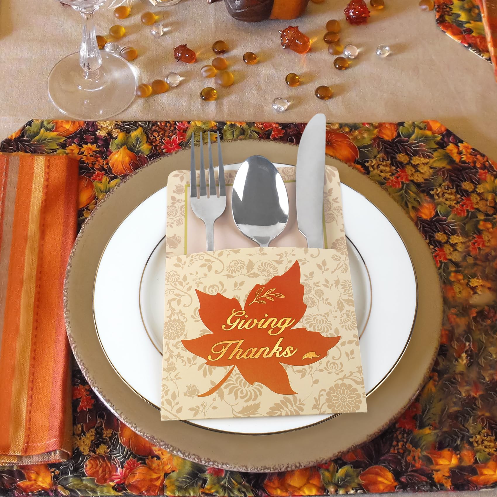 Roberly 36 Pcs Thanksgiving Cutlery Holder Table Decor, Thanksgiving Gold Foil Utensil Holder Pockets for Autumn Harvest Thanksgiving Essentials Party Supply Dinner Table Decorations