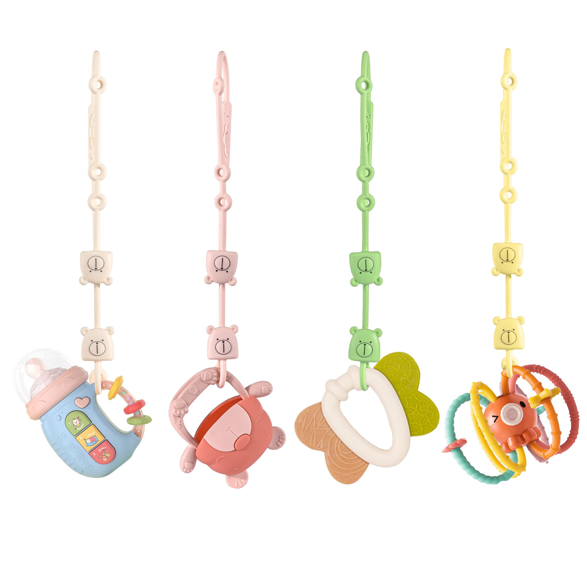 Yeivzwba Toy Safety Straps 4PK,Stretchable Silicone Pacifier Clips Teething Ring Pacifier Holder Baby Teether Bottle Harness Straps for Strollers,Hanging Baskets,Cribs(4 Color-Pacifier Clips)