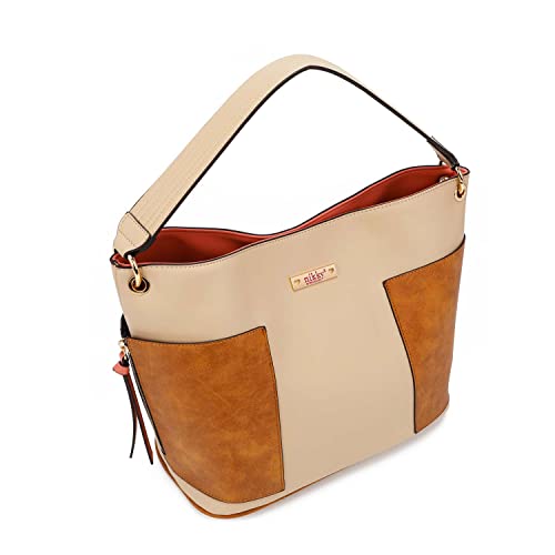 Nicole Lee Nikky Izzy 3 Piece Set with Large Shoulder Bag, Zip Crossbody, Mini Heart Coin Purse Keychain (Beige)