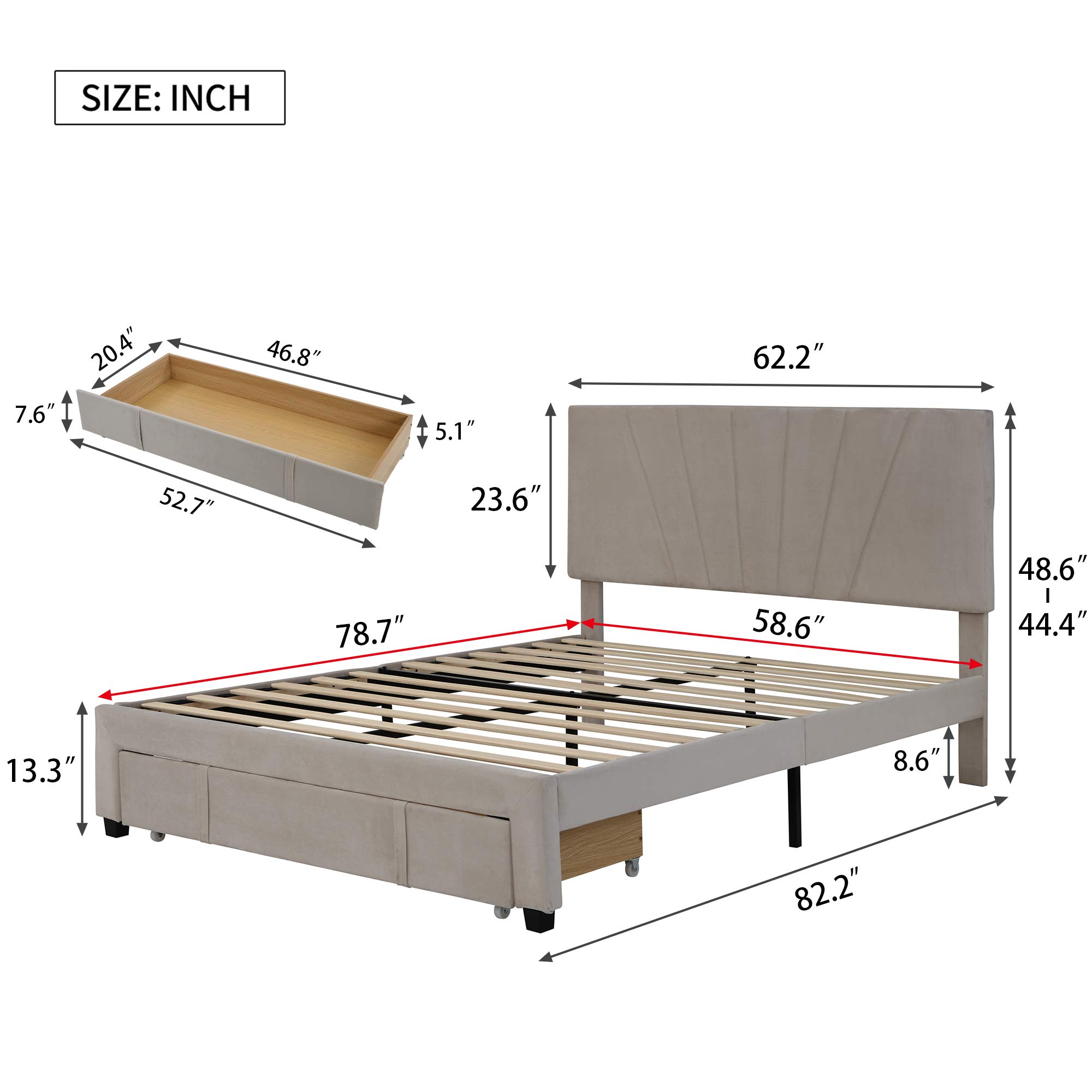 Oudiec Queen Size Platform Bed with Drawer,Velvet Upholstered Home Furniute w/Headboard for Kids/Adult Bedroom,Easy to Assemble,No Box Spring Needed,Beige