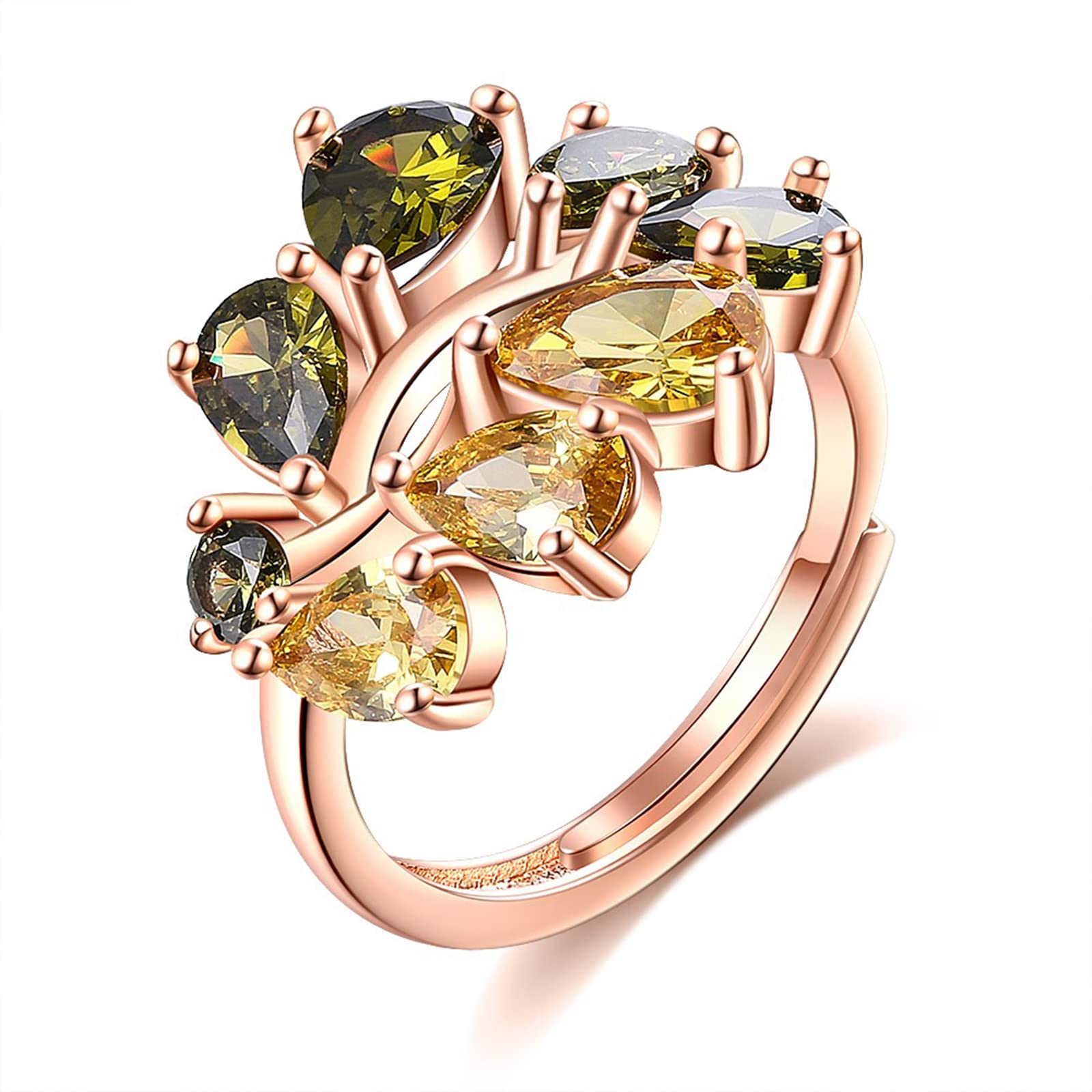 WSKFLY Butterfly/Teardrop Adjustable Ring Ladies, 18K Rose Gold Plated Cubic Zirconia Crystal Ring (18K rose gold)