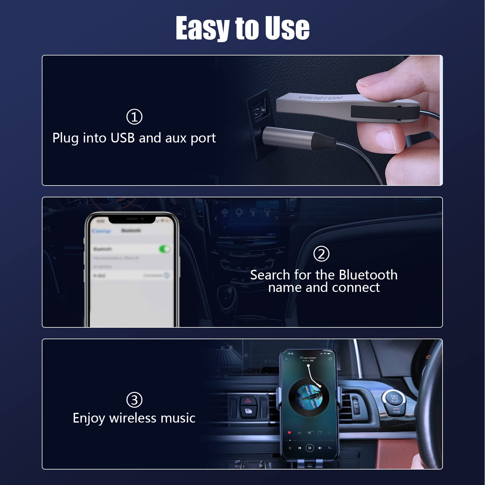 VANOTOM Aux to Bluetooth 5.0 Receiver 3.5mm Bluetooth Adapter with Microphone for Music Streaming and Hands-Free Calling for Car Stereo and Home Speakers