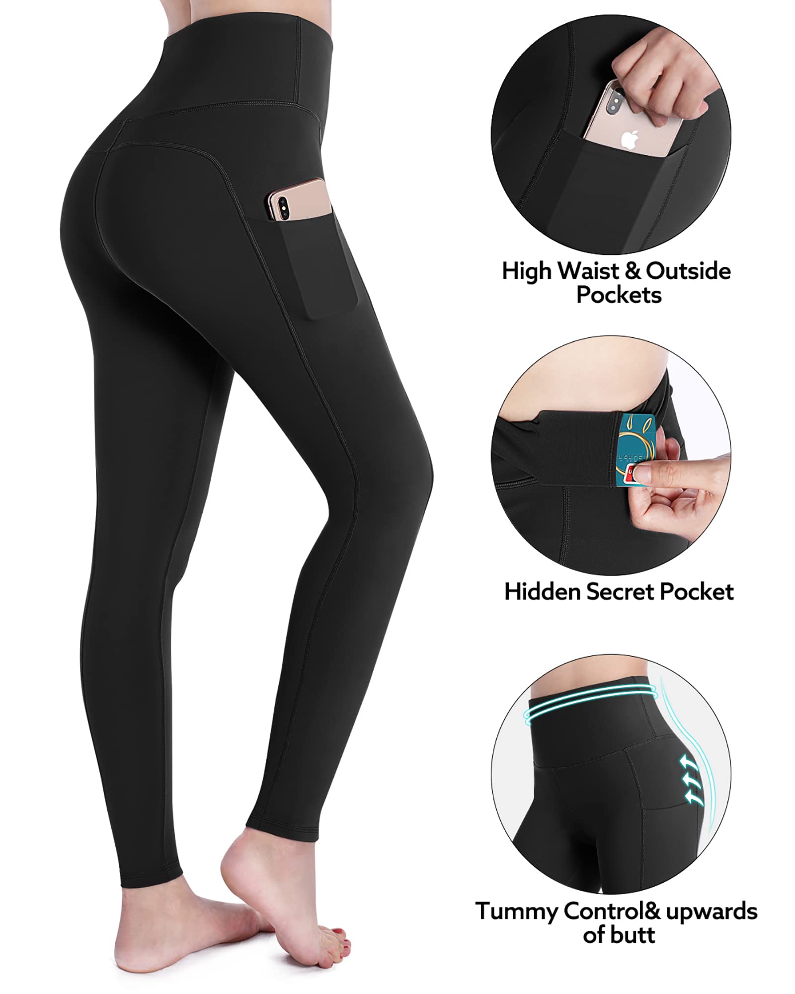 OUGES Womens High Waist Pockets Yoga Pants Running Pants Workout Leggings(Black,L)