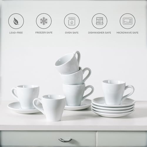 Unilives Espresso Cups, with Saucers Tea Cups and Saucers 2 Ounce Set of 6, for Specialty Coffee Drinks, Cappuccino, Latte, Americano and Tea, White