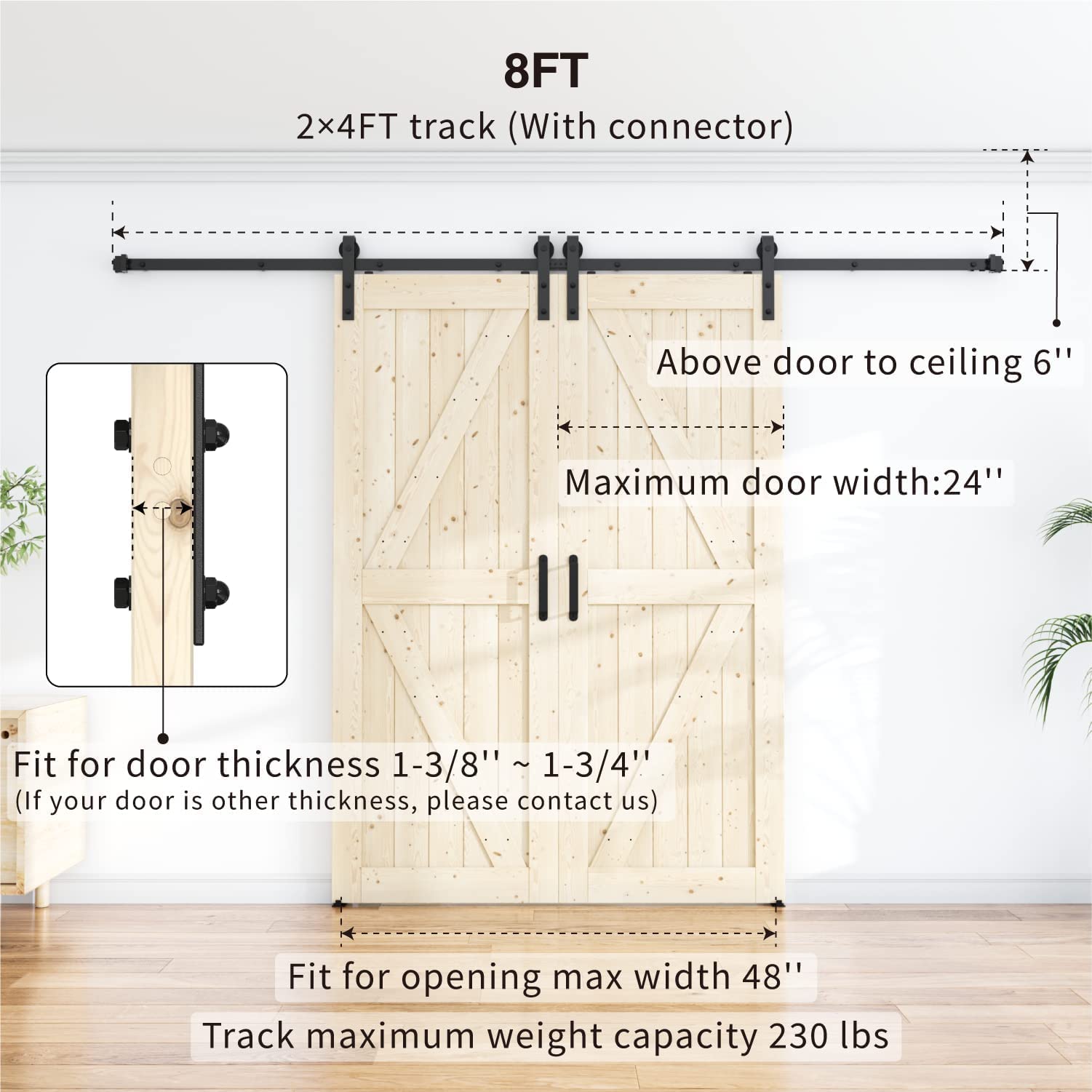 WINSOON 8FT Sliding Barn Wood Door Hardware Cabinet Closet Kit with 2PCS 12 Inch Sliding Barn Door Handles Black Hardware with Pull and Flush Barn Door Handle Set