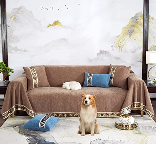 STACYPIK Universal Modern Sofa Cover for Sectional,Armless Sofa,Love-seat Couch Protector for Dogs,Kids,Cats,Machine Washable Chenille Couch Cover with Jacquard Edge -71" X118"(Sofa, Brown)