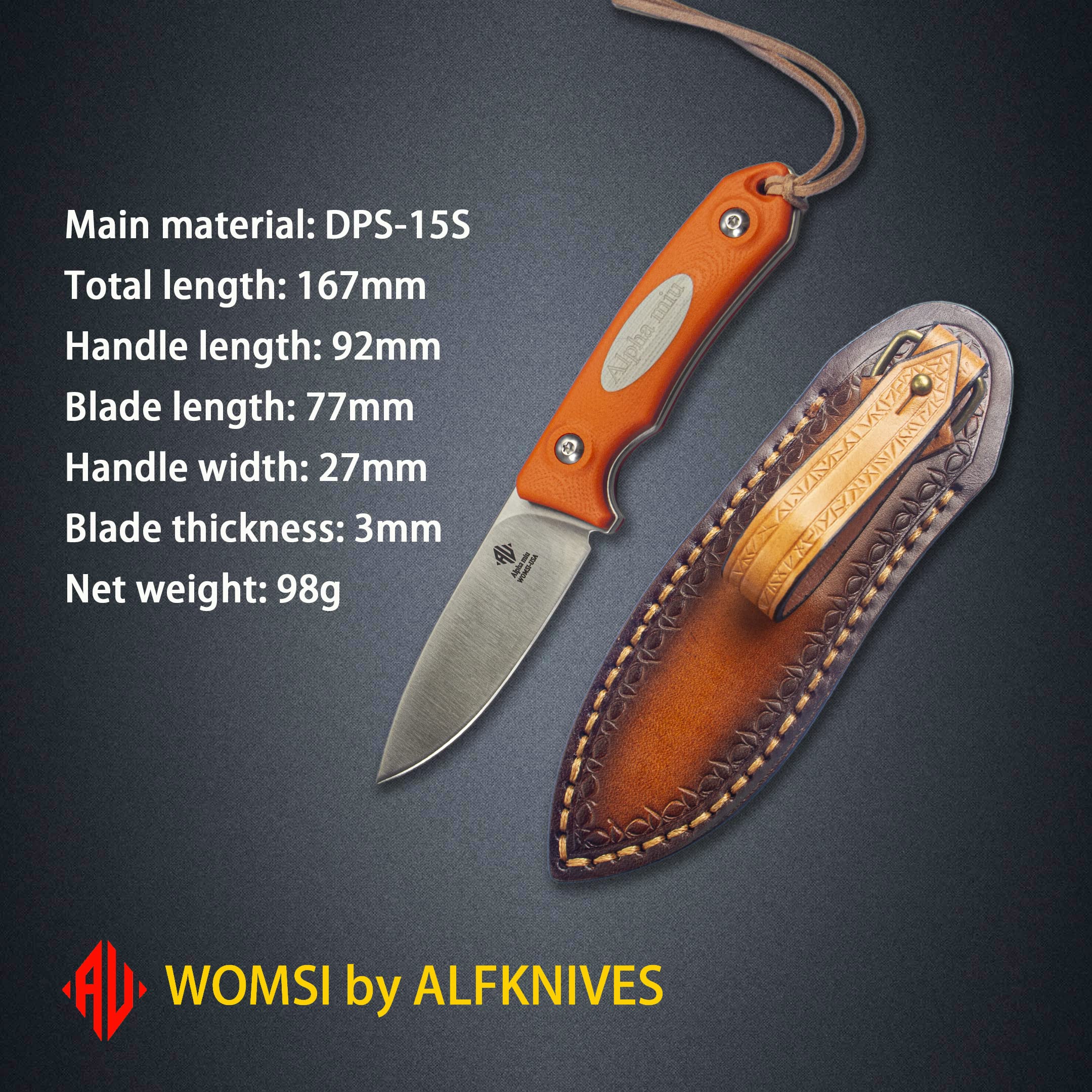 WOMSI Hunting Knife,Full Tang 6.57",DPS15-S Power Steel Blade,Sonorous&durable G10 Handle with Leather Sheath(Orange)