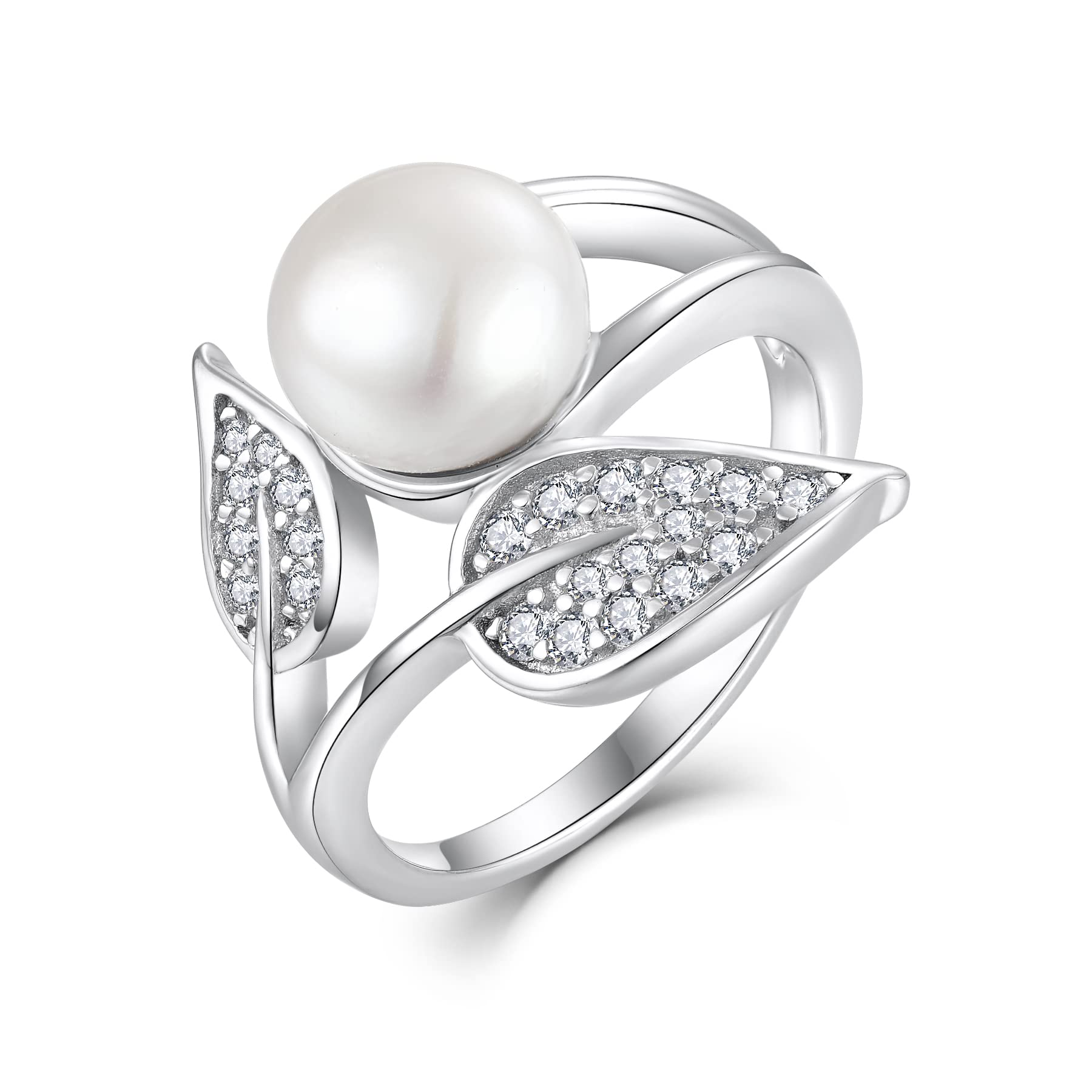 STARCHENIE Pearl Ring for Women,9mm Cultured Freshwater Pearl Cubic Zirconia Ring Sterling Silver size10