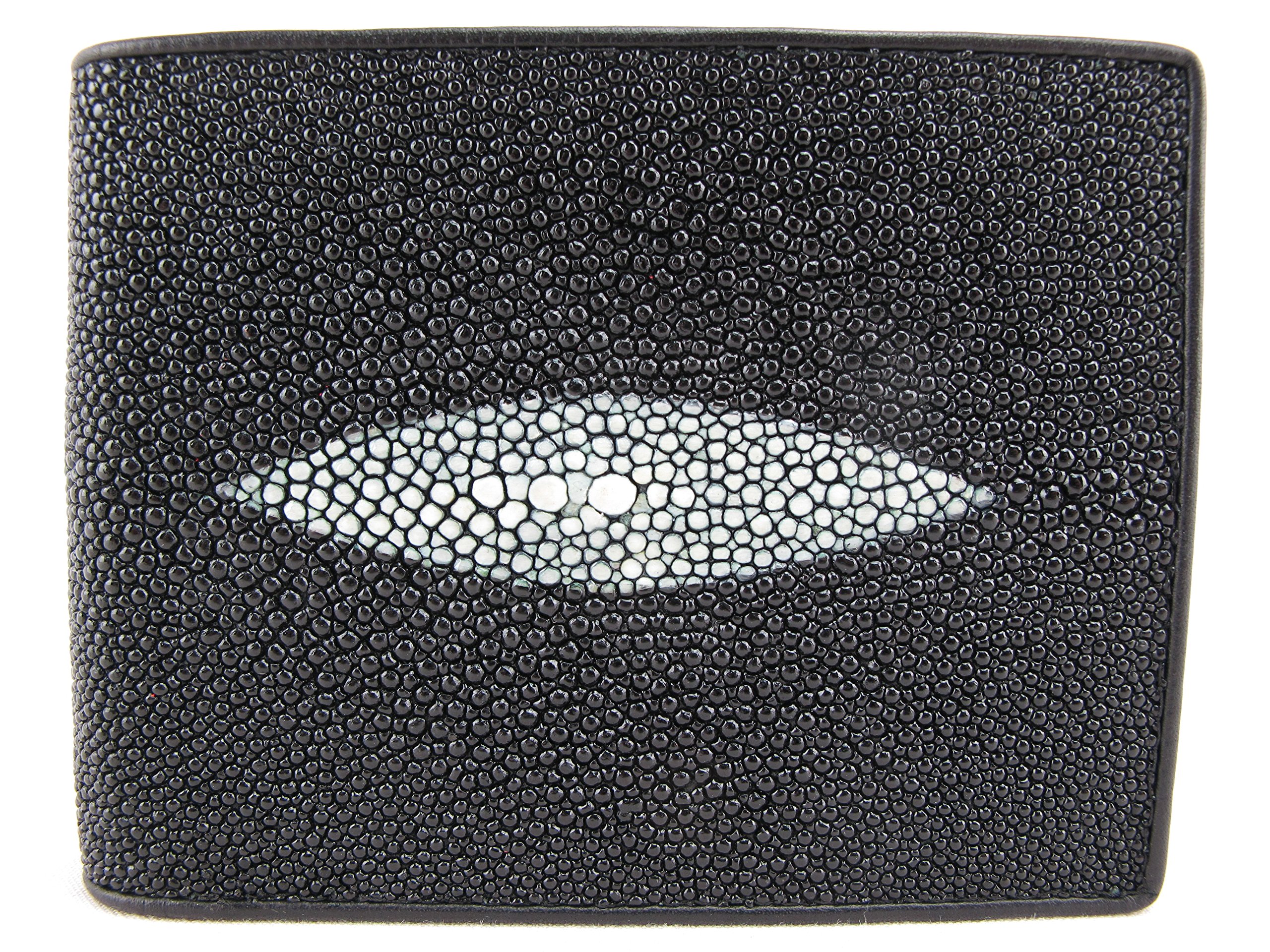 Pelgio Genuine Stingray Shagreen Skin Leather Bifold Wallet (Black)