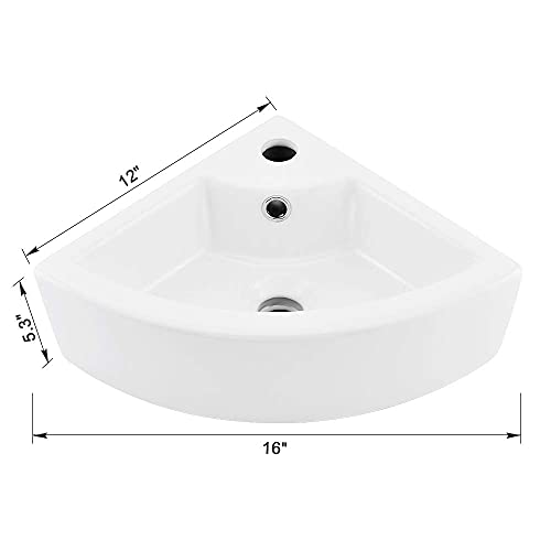 VASOYO Small Corner Bathroom Sink Wall Mount White Triangle Porcelain Ceramic Above Counter Mini Wall Vanity Vessel Sinks with Single Faucet Hole and Overflow
