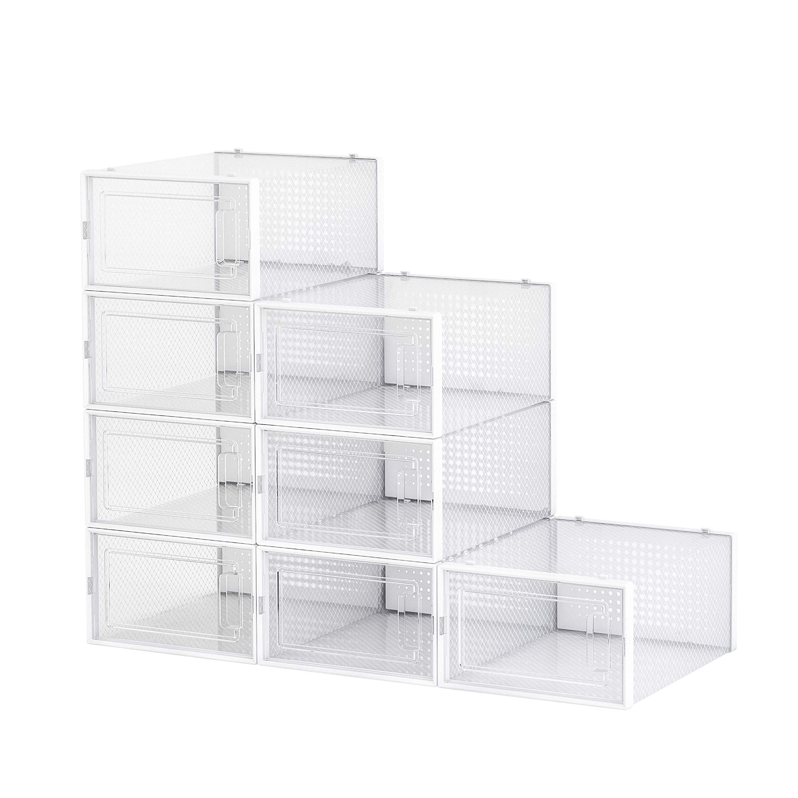 PARANTA Clear Shoe Storage Box, Plastic, Foldable And Stackable, Set Of 8, For Storage And Display Of Men And Women Shoes, White (Medium)