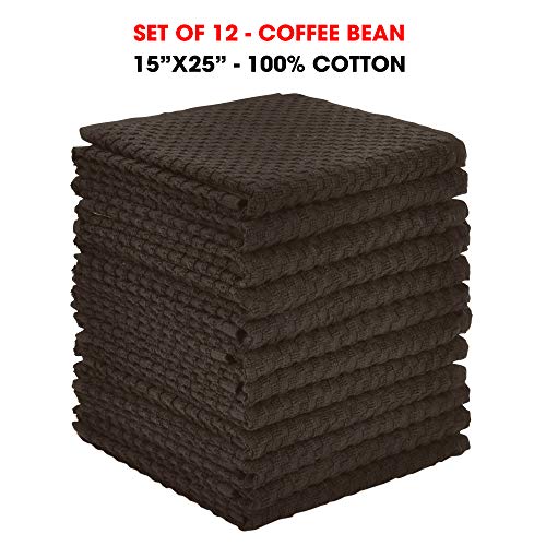 TALVANIA Brown Kitchen Dish Towels, 15” x 25”, 100% Cotton Kitchen Towel and Dishcloths Set, 12 Pack Absorbent Multipurpose Dish Cloth, Hand Towel, Cleaning Bar Towels (Coffee Bean)