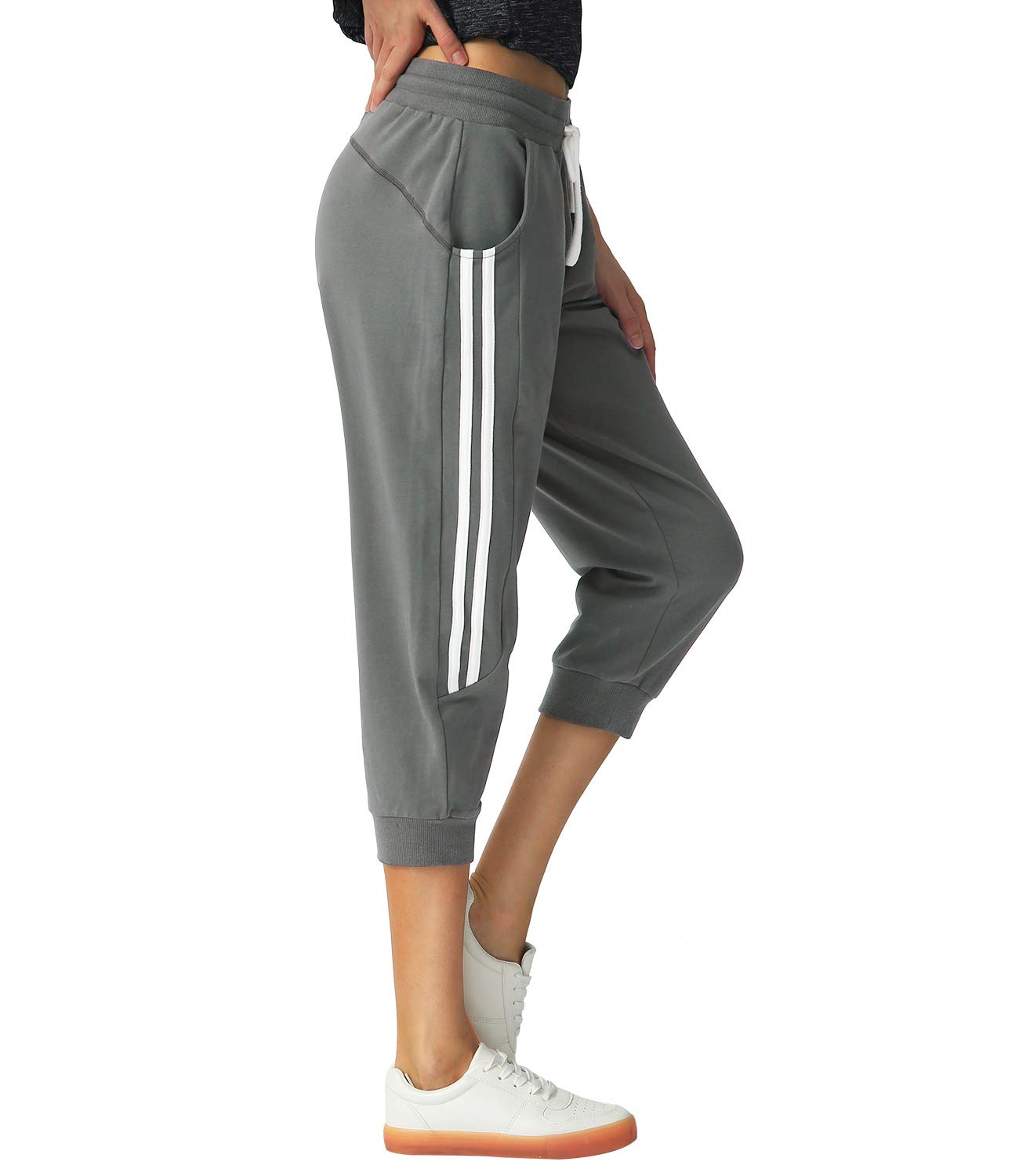 SPECIALMAGIC Women's Capri Pants Cropped Joggers with Pockets Elastic Waist Drawstring Capri Sweatpants Dark Grey Large