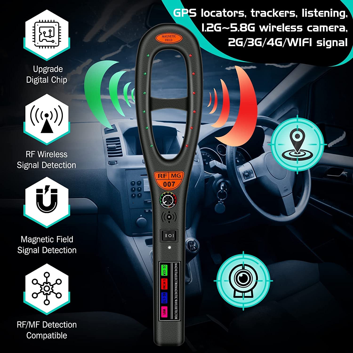 ZTNwoo GPS Bug Detector, Anti Spy Detector for Car GPS Tracker/RF Signal, Hidden Camera Finder, Electronic Bug Sweeper for Wireless Radio Frequency (B)