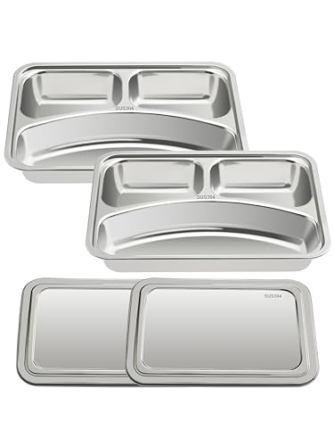 VENTION Stainless Steel Kids Plates with Lids, Divided Plates for Kids, 3 Compartment Kids and Toddler Plates, 2 Pack