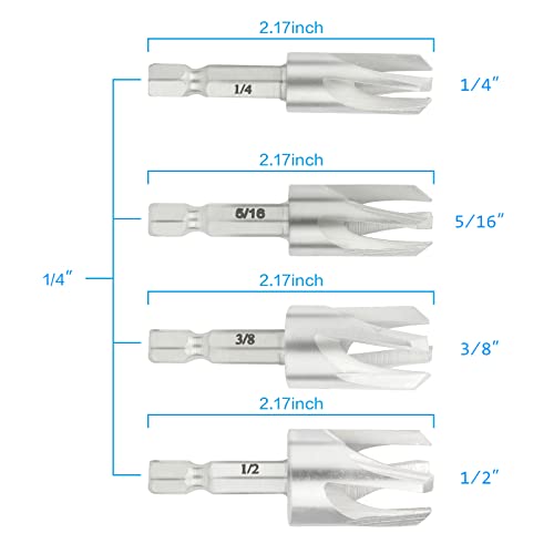Wood Plug Cutters, 8 Pcs Straight and Tapered Plug Cutter Set 1/4", 5/16β, 3/8", and 1/2" Taper Cutting Tool Cork Drill Bit Knife Set with 1/4 Hex Shank