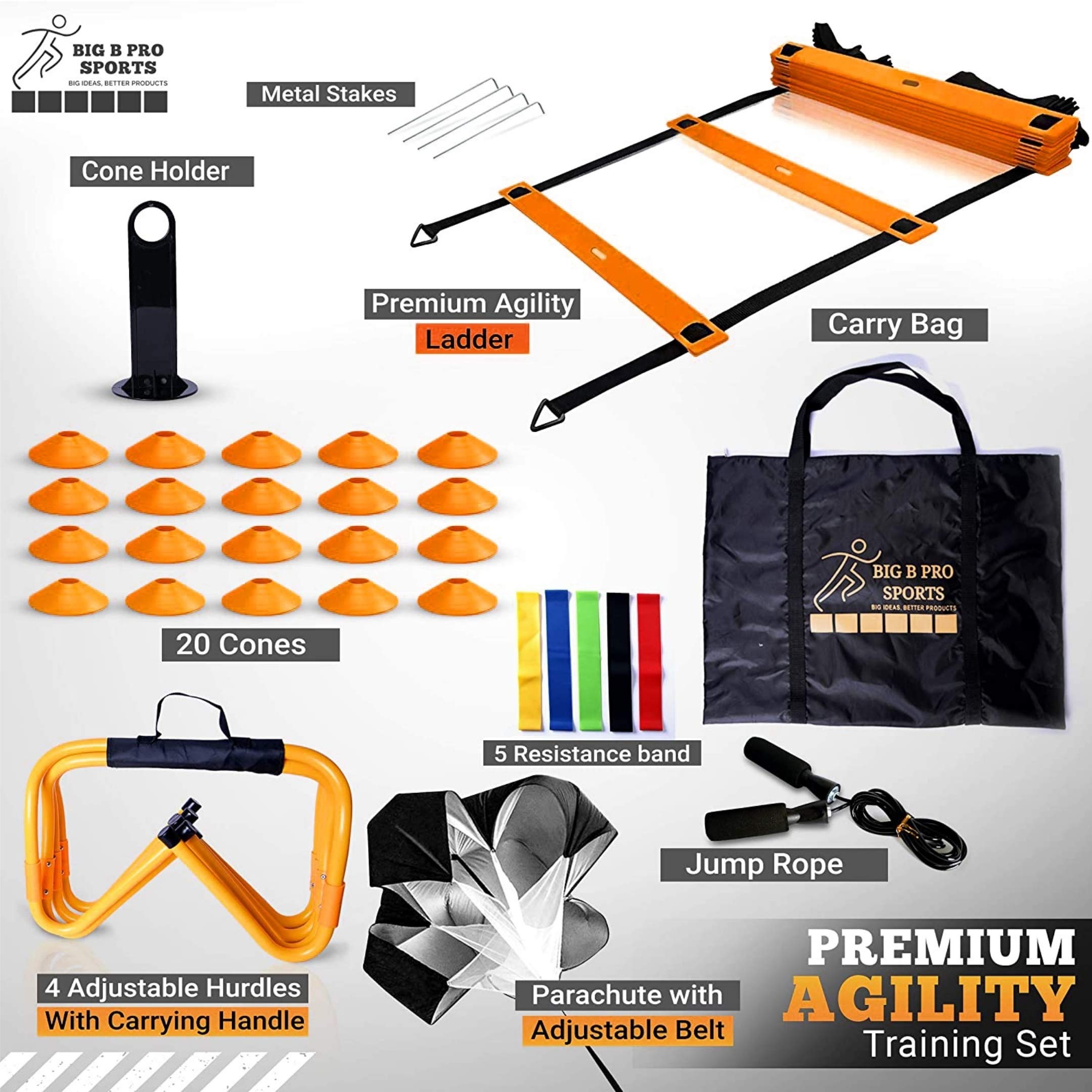 Speed & Agility Training Set (Orange)- Agility Ladder, Football Cones, Running Parachute, Jump Rope, Hurdles & Resistance Bands