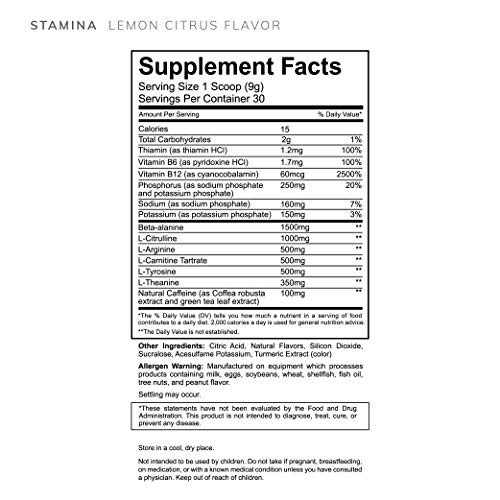 Stamina Women's Pre Workout Energy Focus Drink Powder - 30 Servings; 270g Pouch (Lemon Citrus)