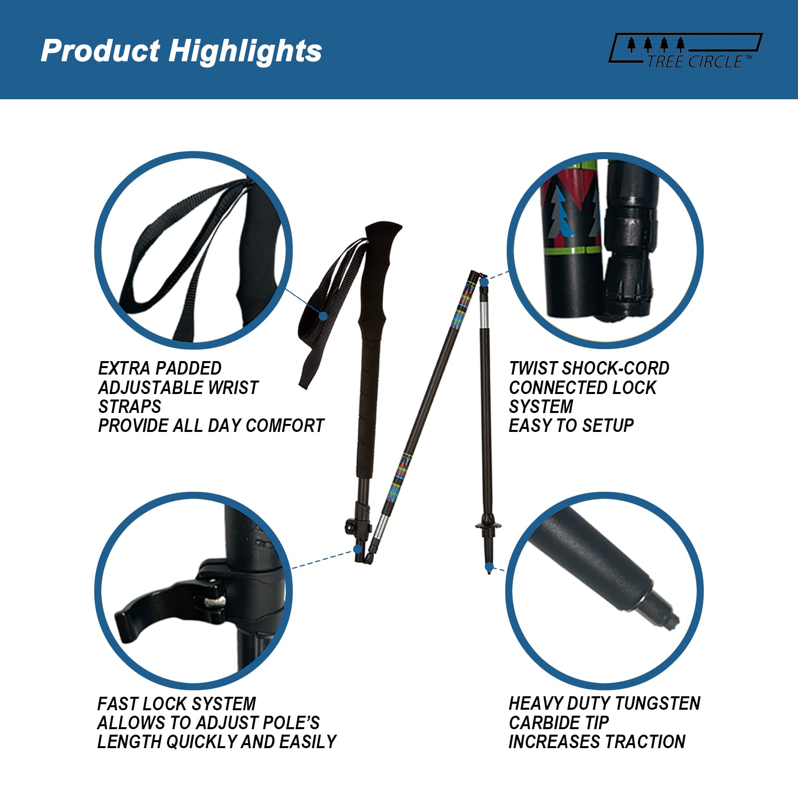 Tree Circle Aluminum 7075 Trekking Poles - 2pcs Pack Collapsible & Ultralight Folding Walking Sticks with Quick Flip Lock, Long EVA Foam Handle for Hiking, Backpacking, Mountaineering