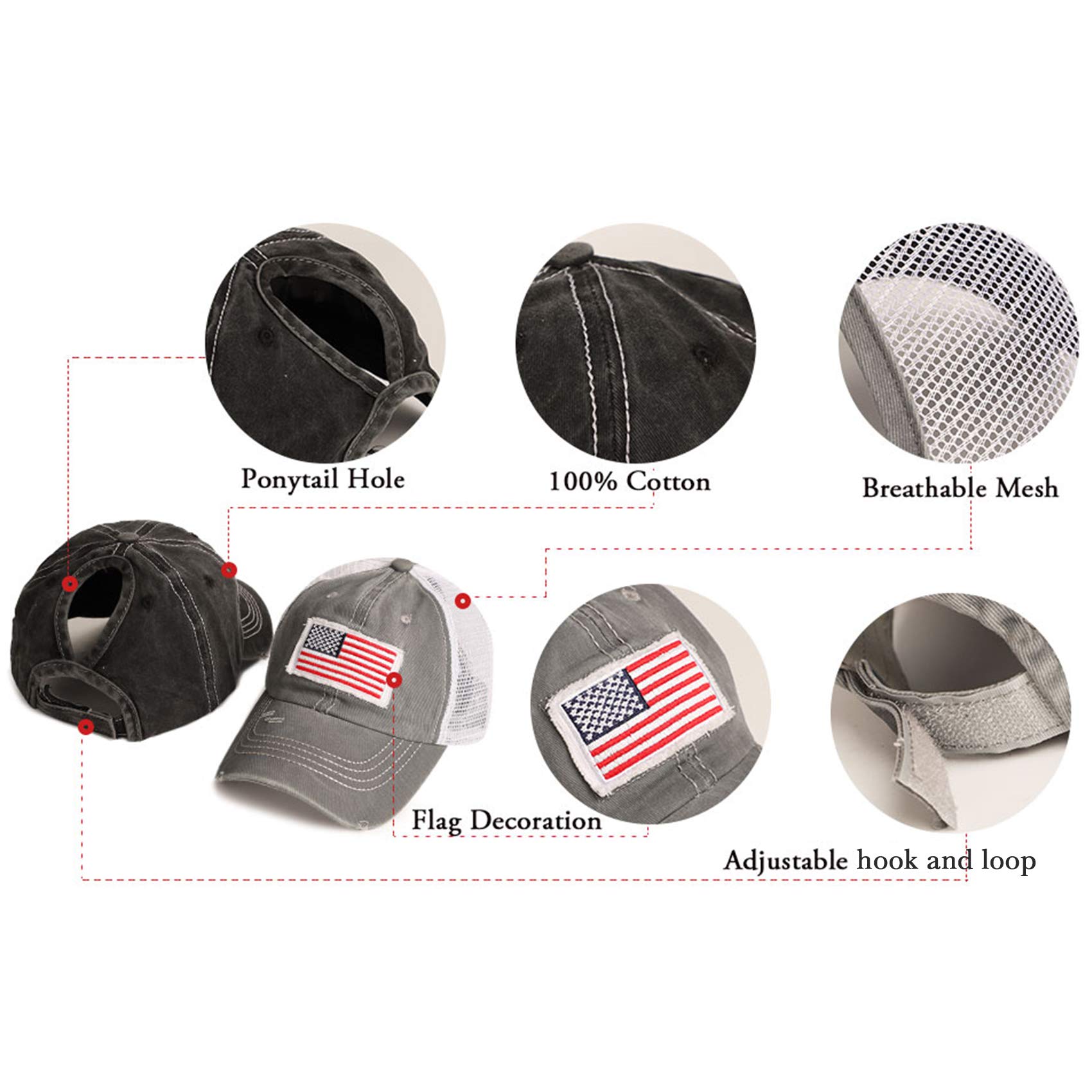 RNFENQS Women's American Flag Mesh Trucker Hat Distressed Ponytail Baseball Cap Wine Red