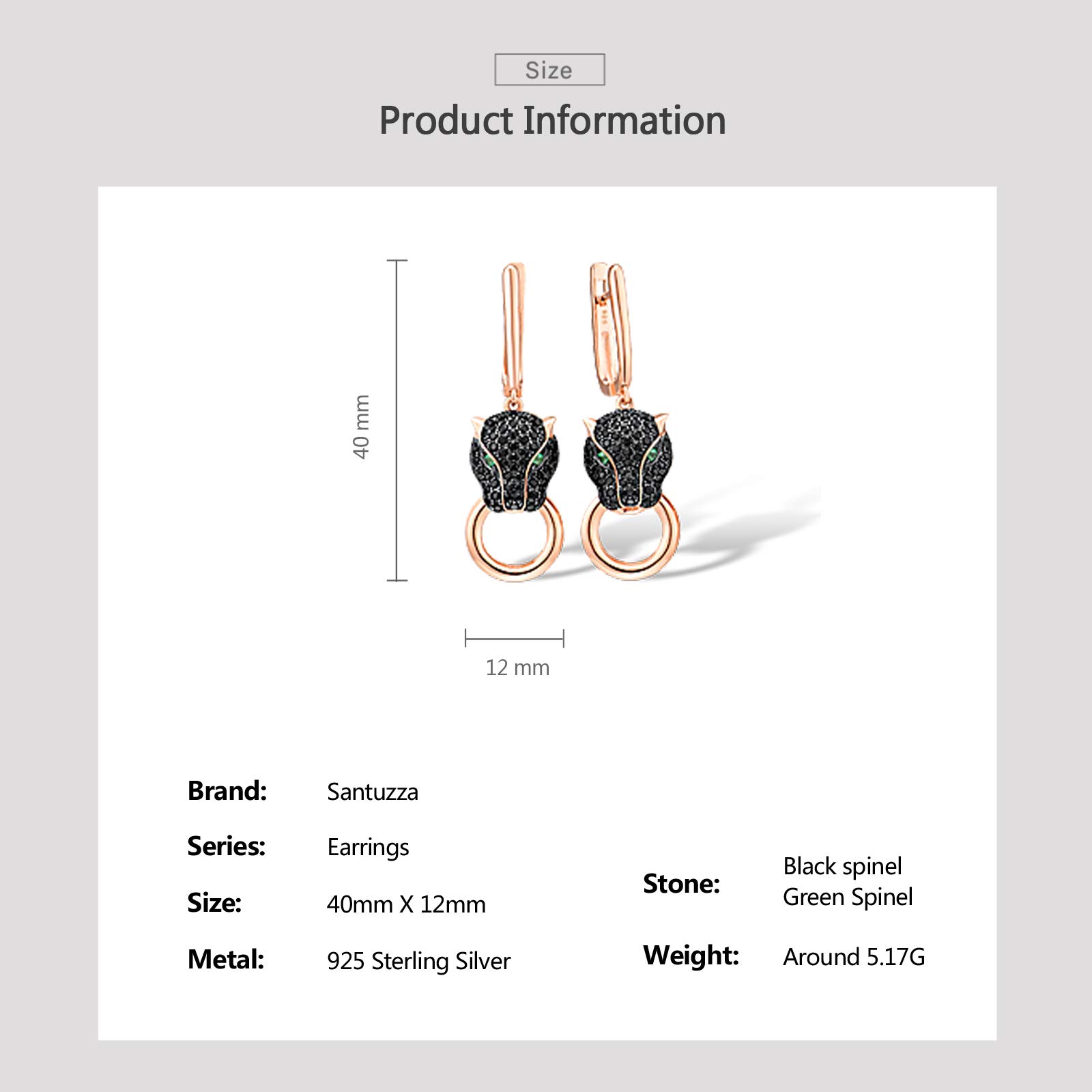 Santuzza Panther Earrings 925 Sterling Silver Leopard Earring Black Spinel 14K Rose Gold Plating Jaguar Jewelry
