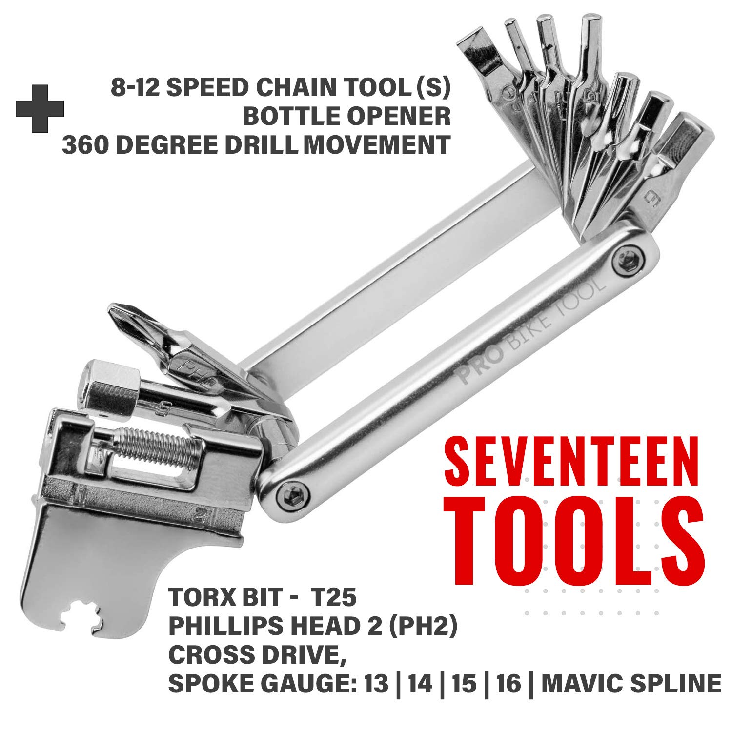 PRO BIKE TOOL 17 in 1 Bike Multitool - 2.8 x 1.7 inches - Compact and Lightweight Bicycle Repair Kit for Road and Mountain Bikes - Saddlebag and Pocket Friendly Set - Includes Slim Bag - Cyclist Gift