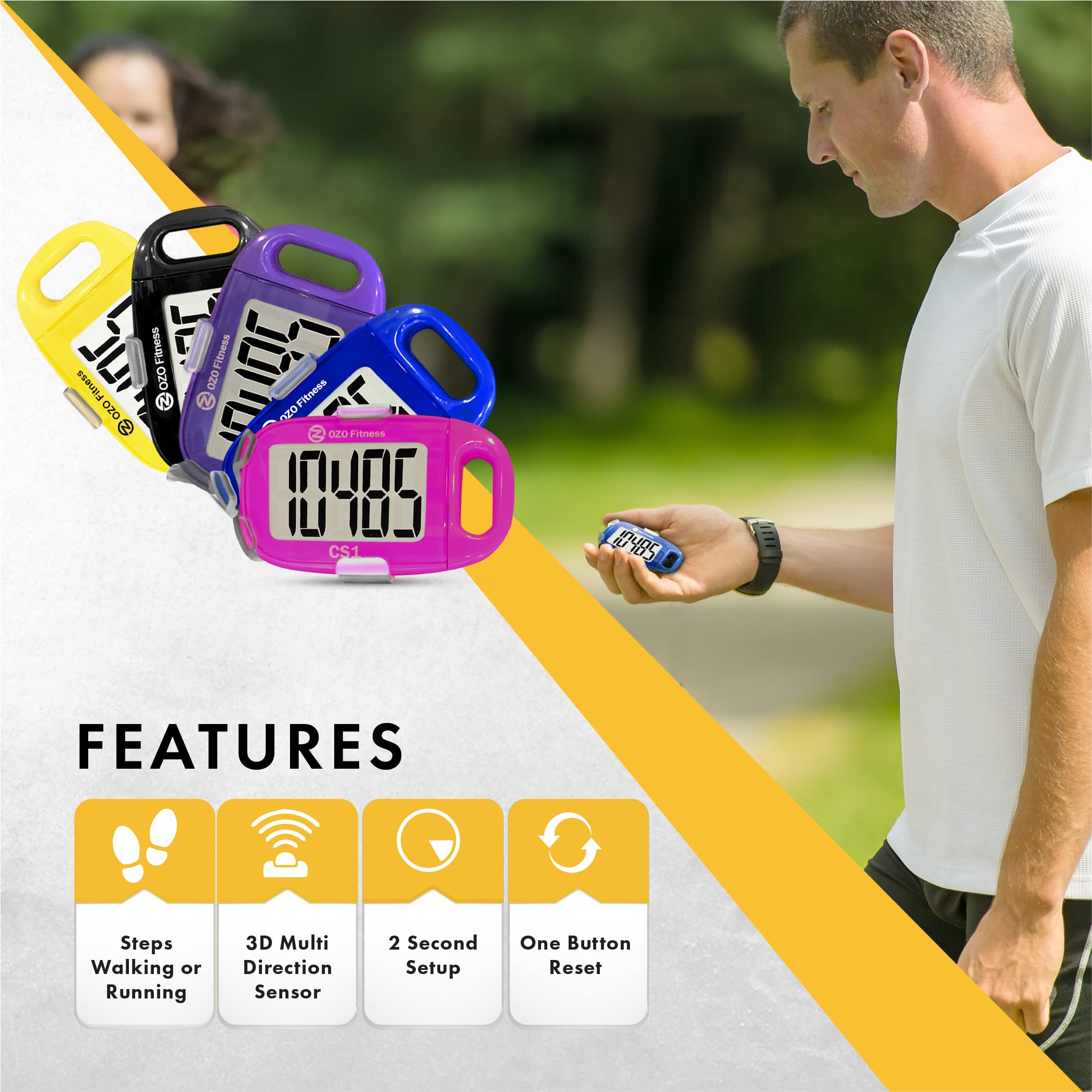 OZO Fitness CS1 Easy Pedometer for Walking - Step Counter with Large Display, Clip on and Lanyard (Blue)