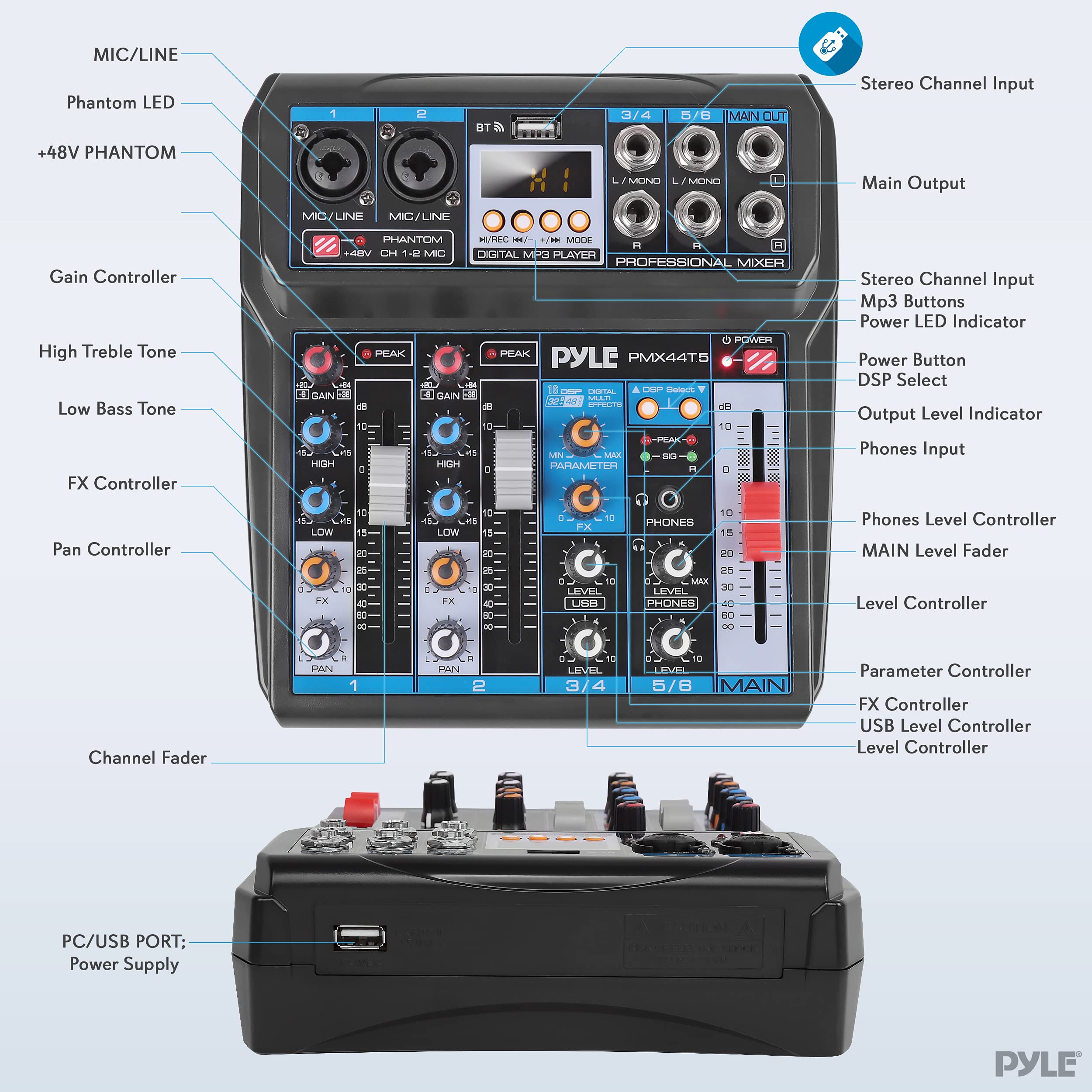 Pyle Professional Wireless DJ Audio Mixer + Hosa 3.5mm to Dual 1/4 inch TS Stereo Breakout Cable
