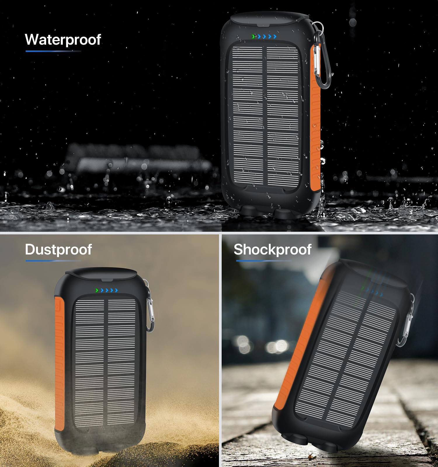 Nuynix Solar Charger Power Bank, 38800mAh Portable Phone Charger with 1 Type-C & 2 USB-A Ports Built-in Dual LED Flashlight, 15W Fast Charging Waterproof Solar Panel Charger
