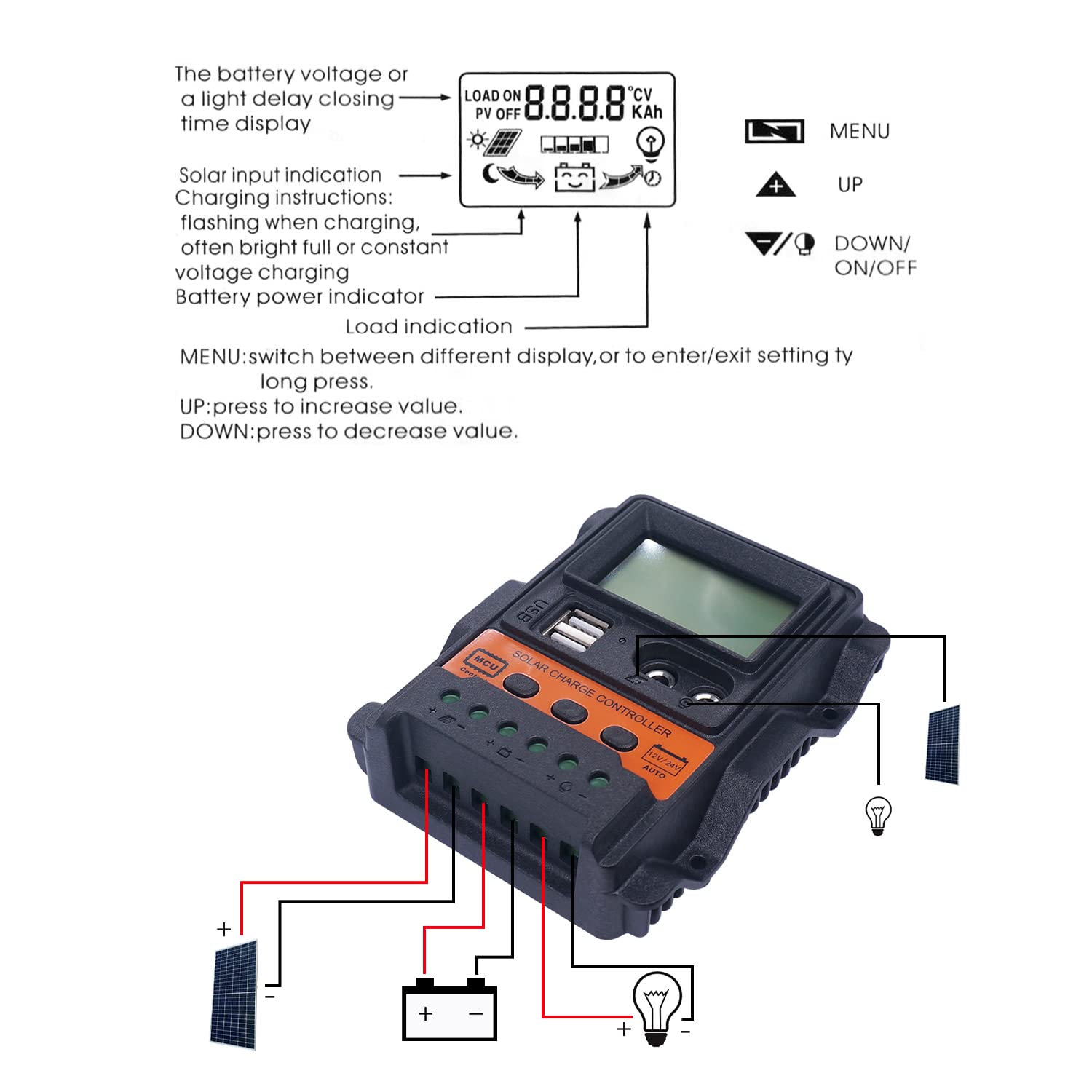 weideer 4 String PV Combiner Box and 20A Solar Charger Controller 12V/24V Adjustable LCD Display for Solar Panel System